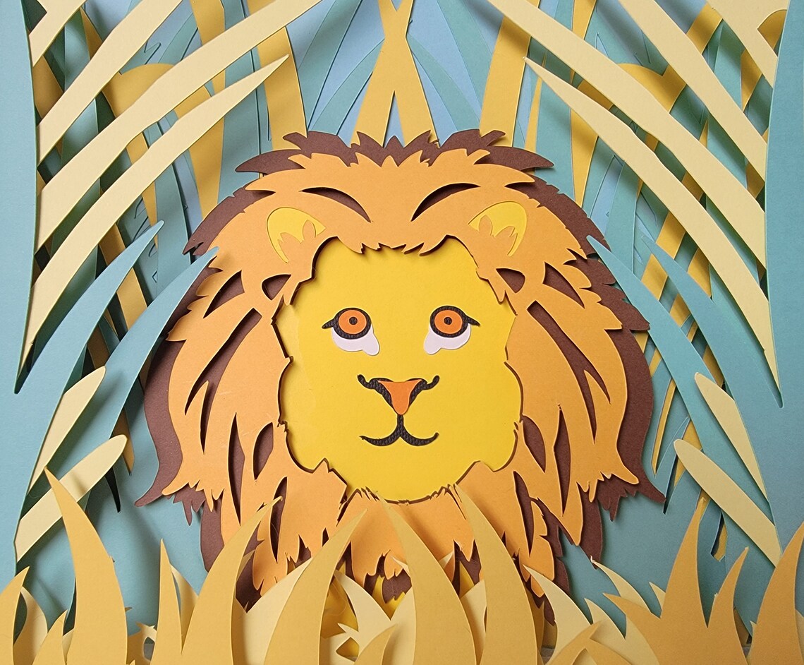 3D Lion Layered Papercut Shadow Box | Paper Cut Art in Dark Wood Box ...