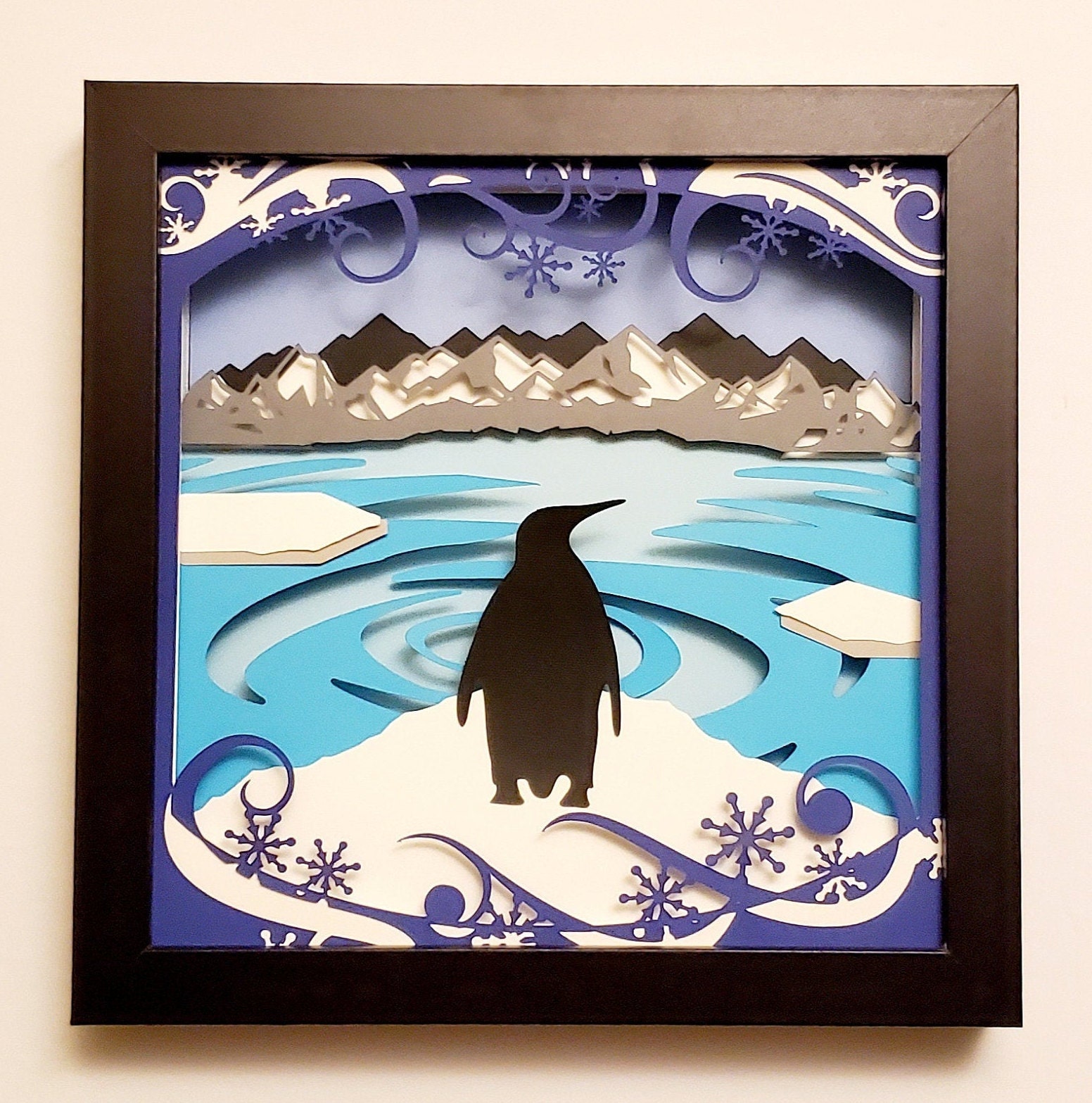 3D Penguin Layered Paper Cut Shadow Box | Papercut Art in Black Box ...