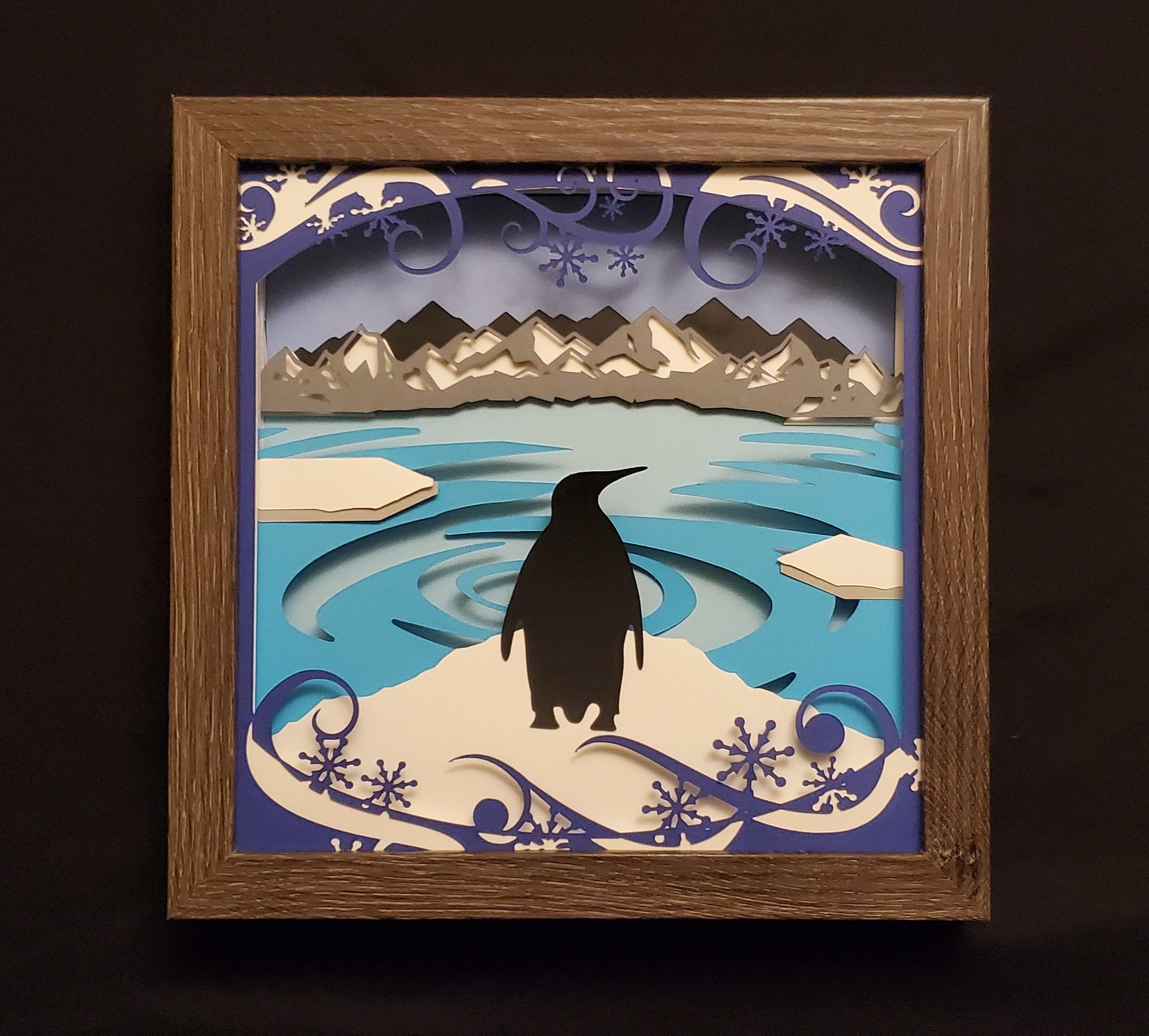 3D Penguin Layered Paper Cut Shadow Box | Papercut Art in Dark Wood Box ...