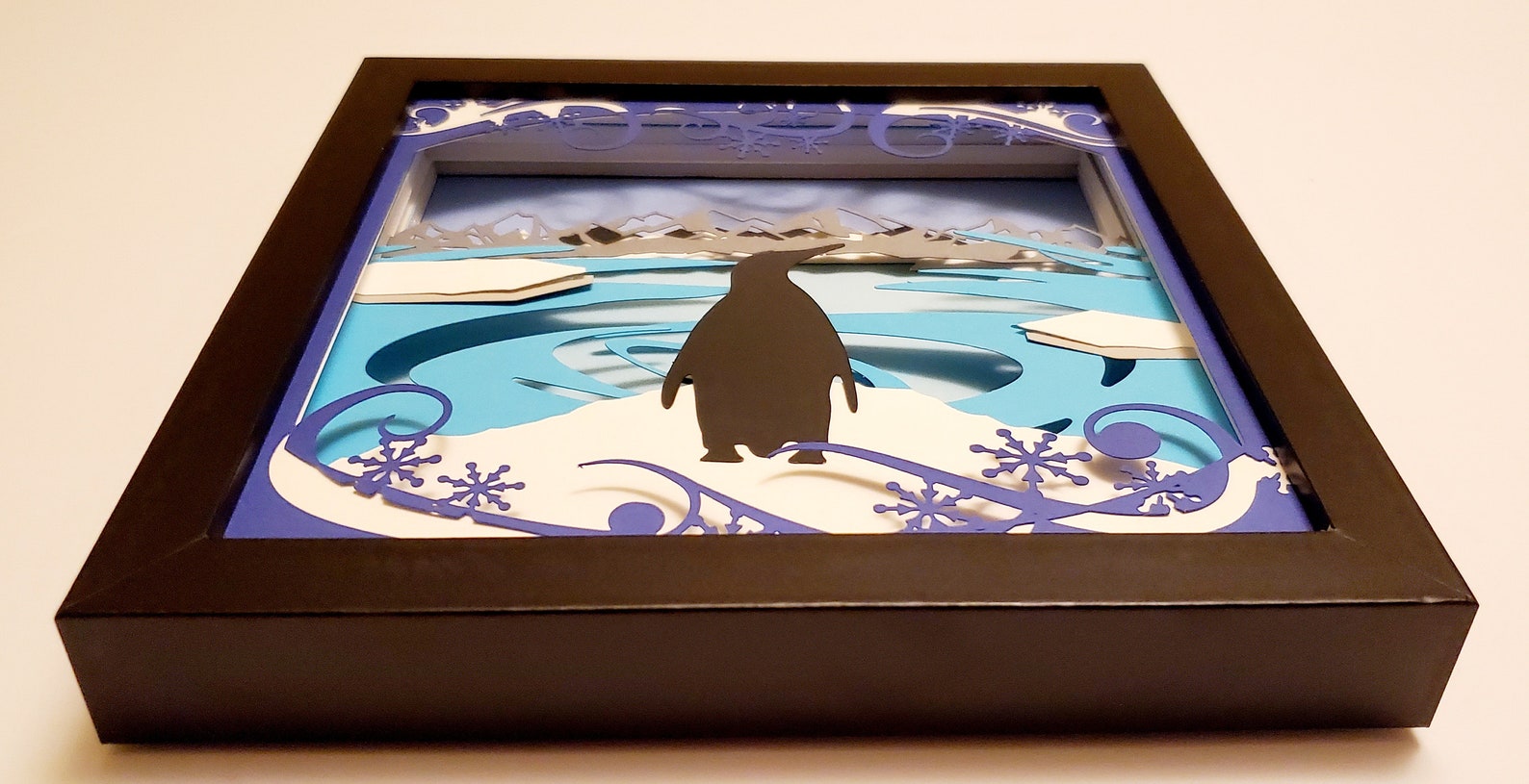 3D Penguin Layered Paper Cut Shadow Box | Papercut Art in Black Box ...