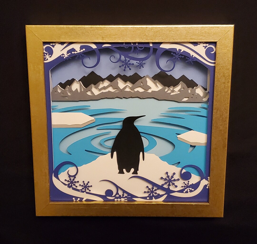 3D Penguin Layered Paper Cut Shadow Box | Papercut Art in Gold Box ...