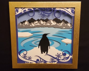 3D Penguin Layered Paper Cut Shadow Box | Papercut Art in Dark Wood Box ...