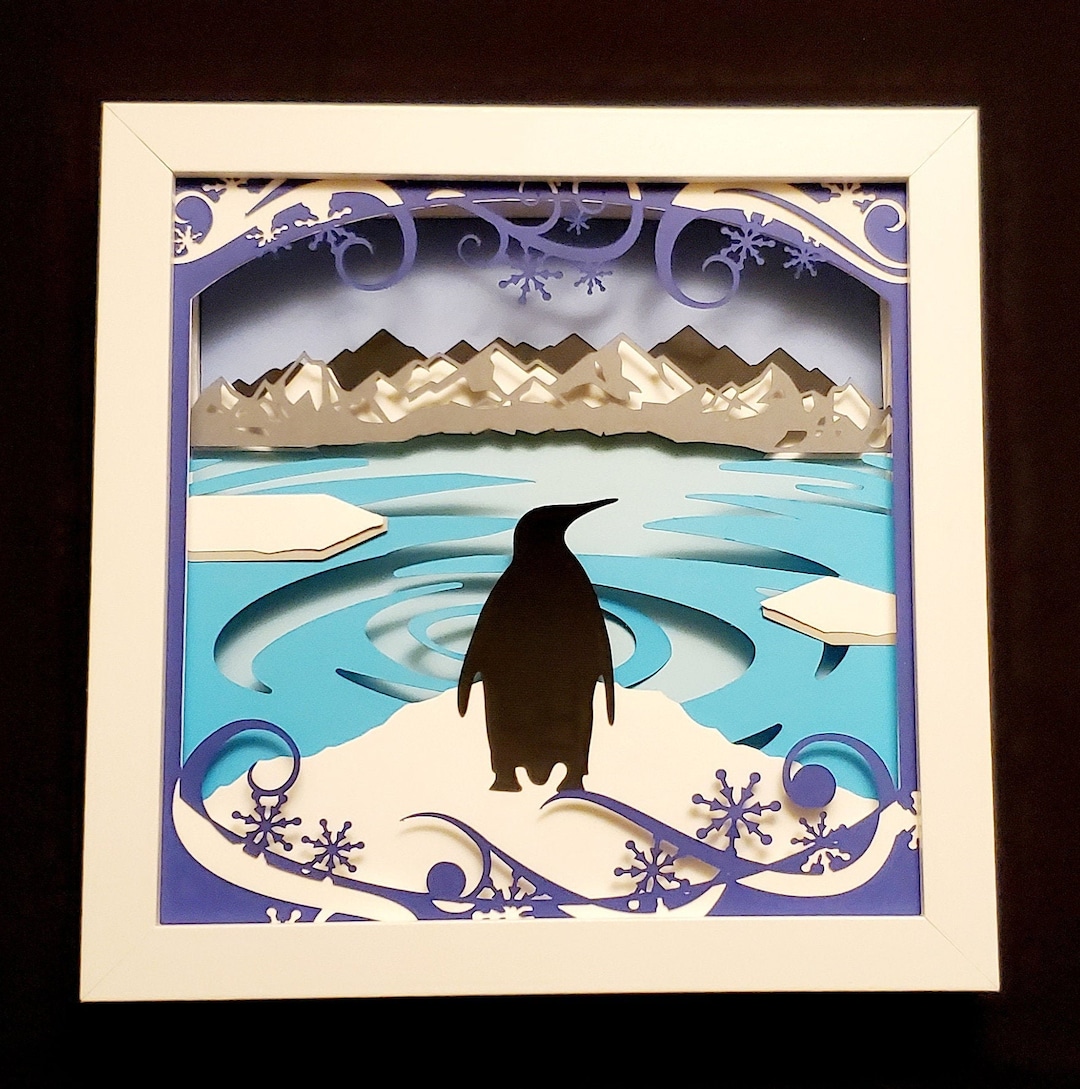 3D Penguin Layered Paper Cut Shadow Box | Papercut Art in White Box ...