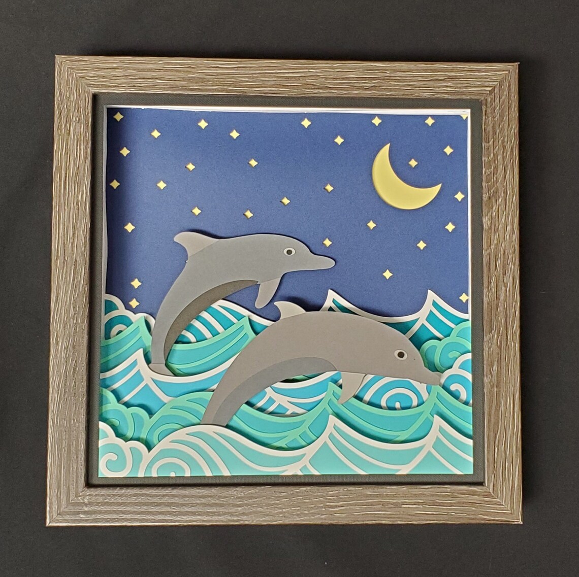 3D Dolphin Layered Papercut Shadow Box | Paper Cut Art in Dark Wood Box ...
