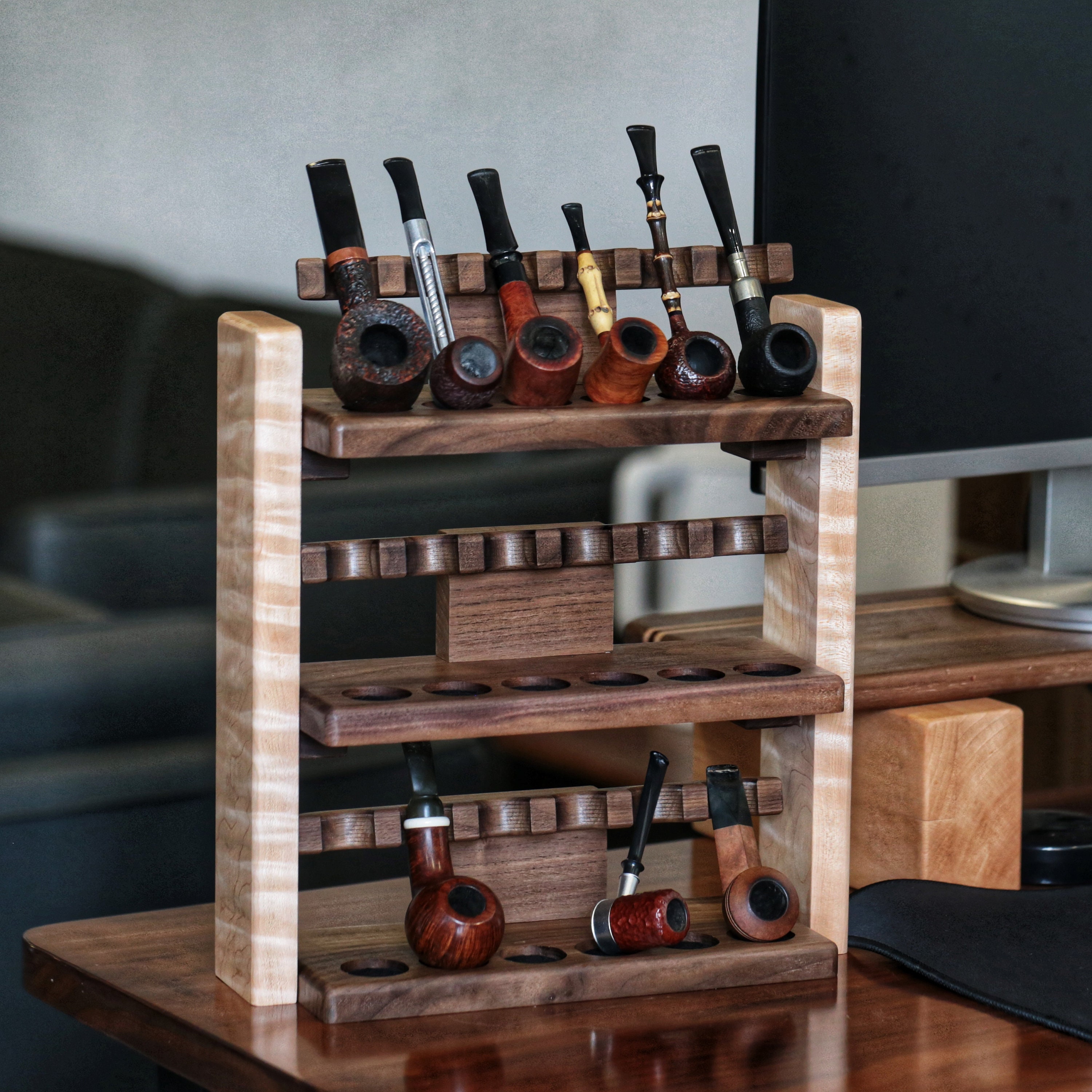 Pipes Rack,stand for 18 PIPES, Black Walnut Wood ,pipe Rack, Smoking ...
