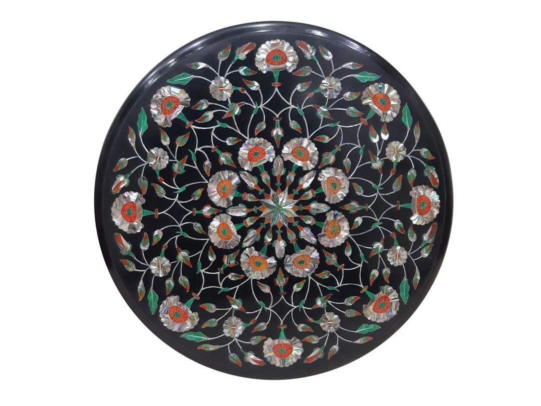 Black Marble Inlay Table, Abalone Shell Inlay Table, Round Black Table ...