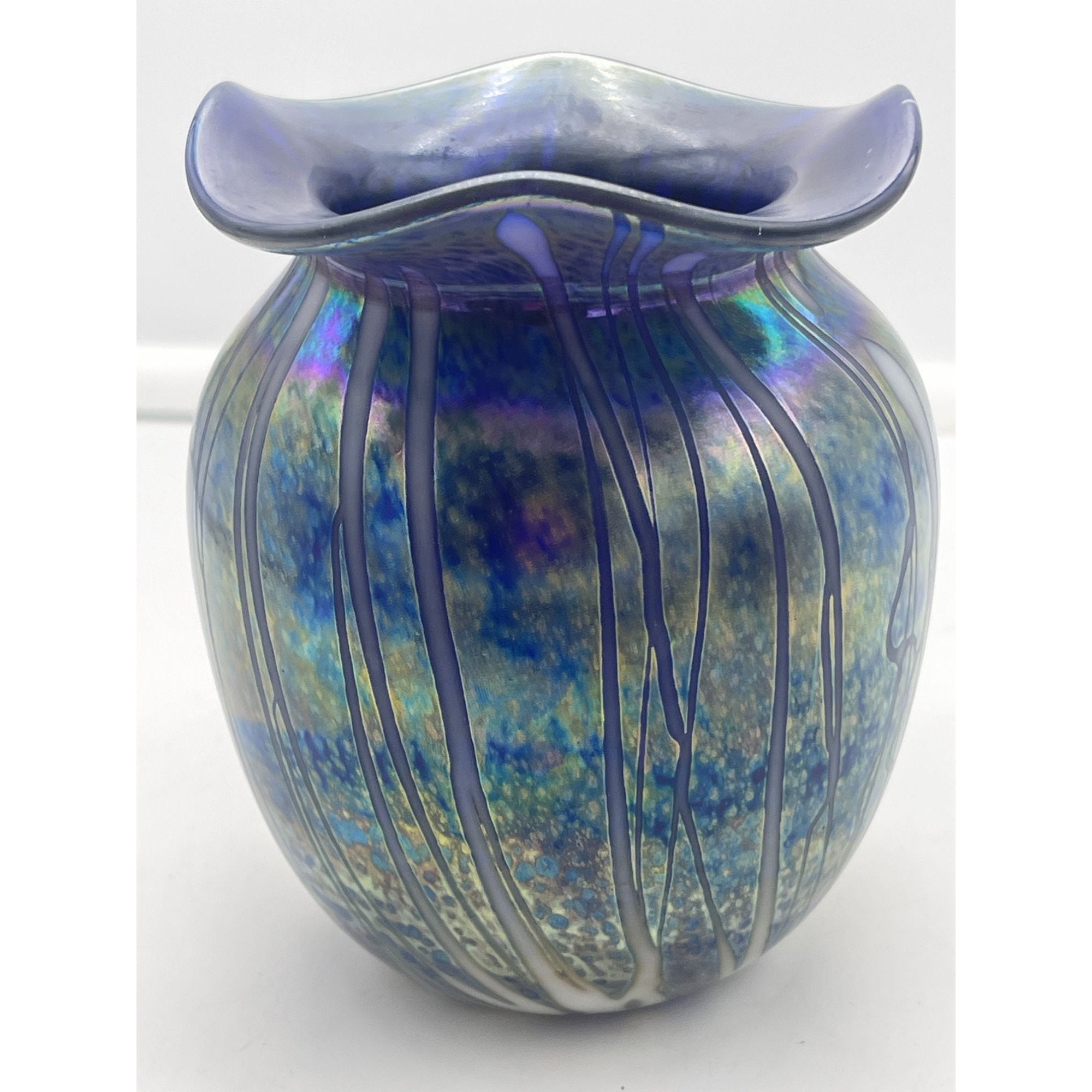 Stephen Fellerman Art Glass Iridescent Vase With Ruffle Lip Art Nouveau ...