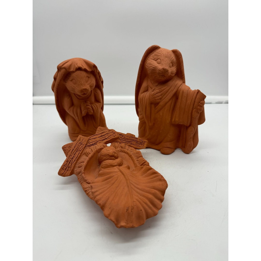 Terra Cotta Clay 3 Piece Bunny Rabbit Nativity Scene Christmas Decor-as ...