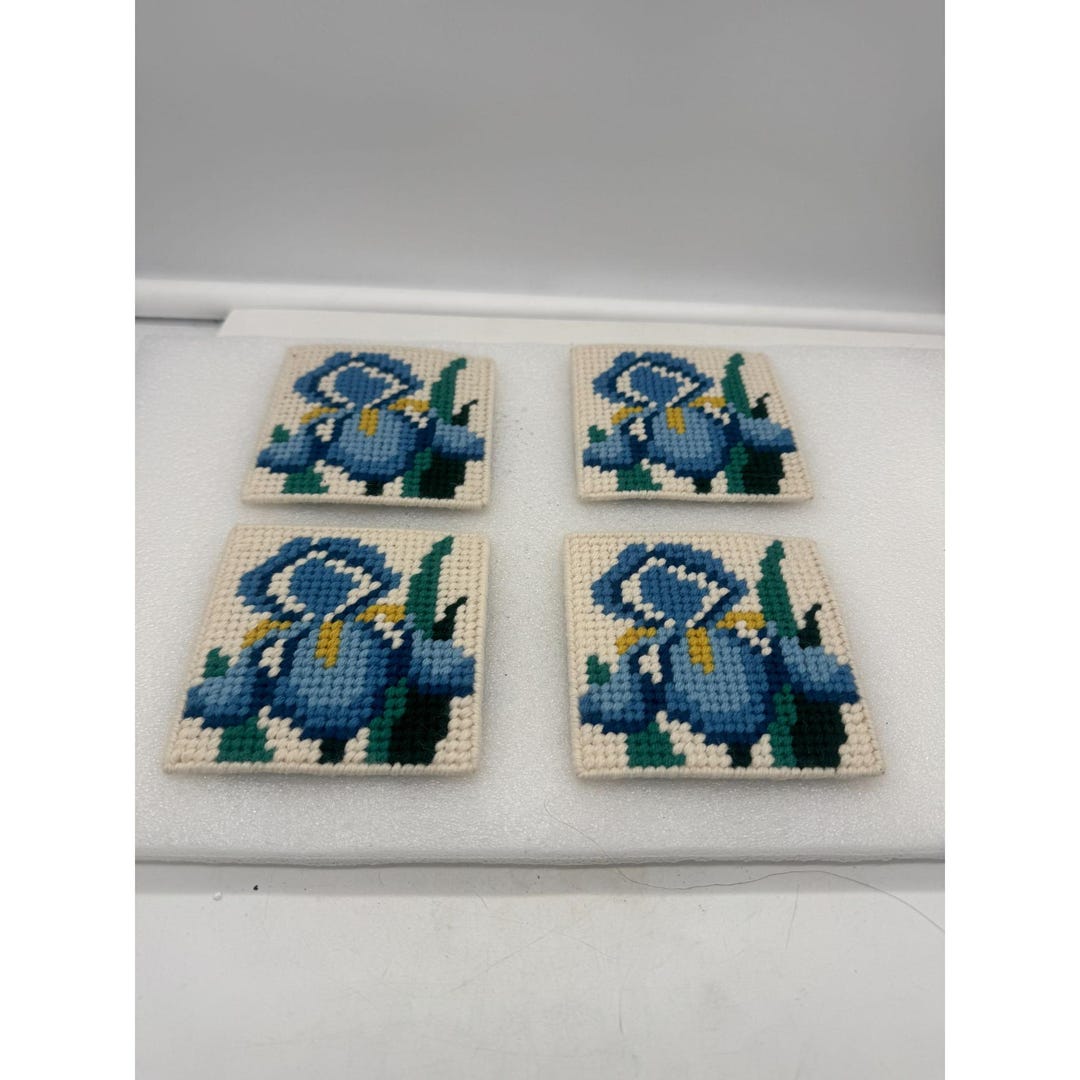 Set of 4 Vintage Needlepoint Coasters Blue Iris Flowers Double Sided - Etsy