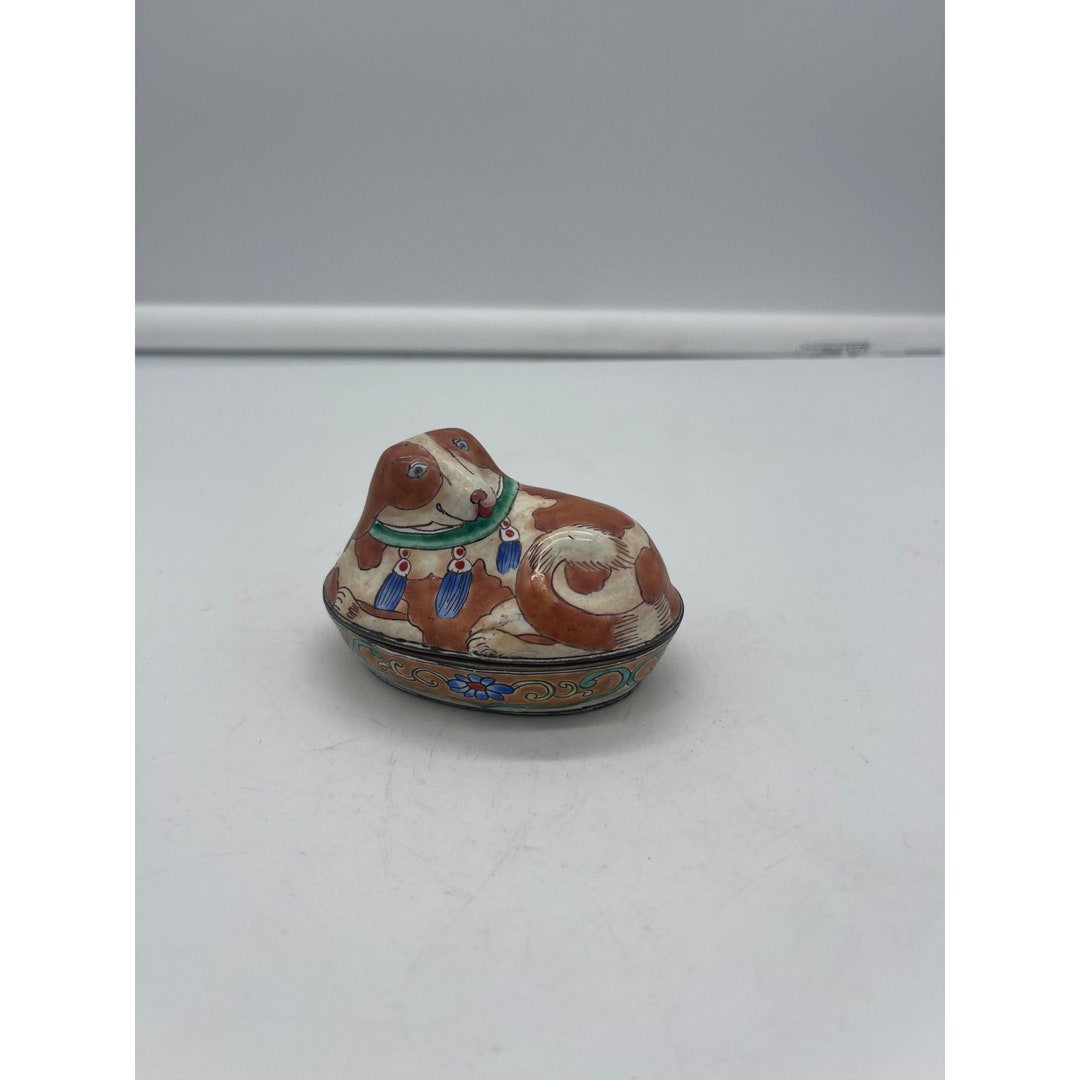 Vintage Enamel Spaniel Dog Trinket Box Turquoise Interior - Etsy