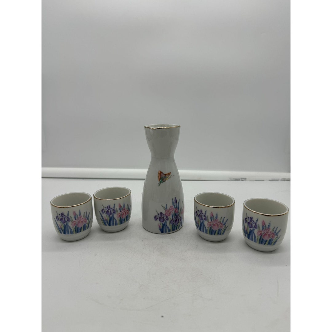 Vintage Asahi 5 Piece Japanese Saki or Tea Set Iris Flowers Butterfly ...