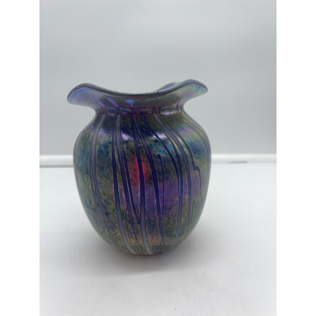 Stephen Fellerman Art Glass Iridescent Vase With Ruffle Lip Art Nouveau ...