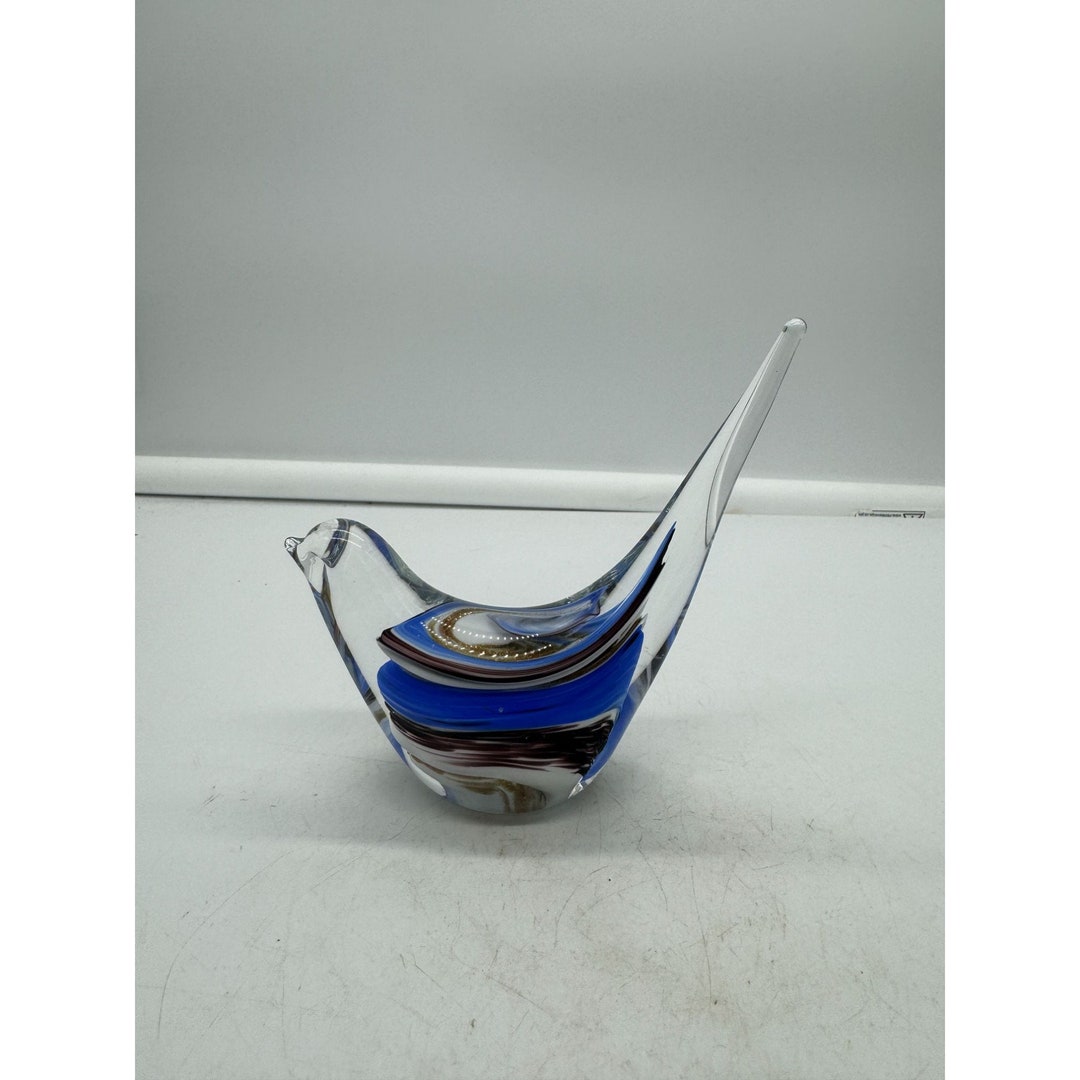 Multicolored Art Glass Bird Figurine Blue Gold Glitter Polished Bottom ...