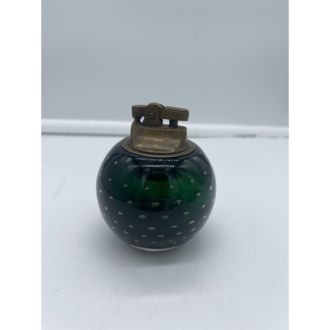 Vintage Art Glass Table Lighter Emerald Green Controlled Bubbles-as IS ...