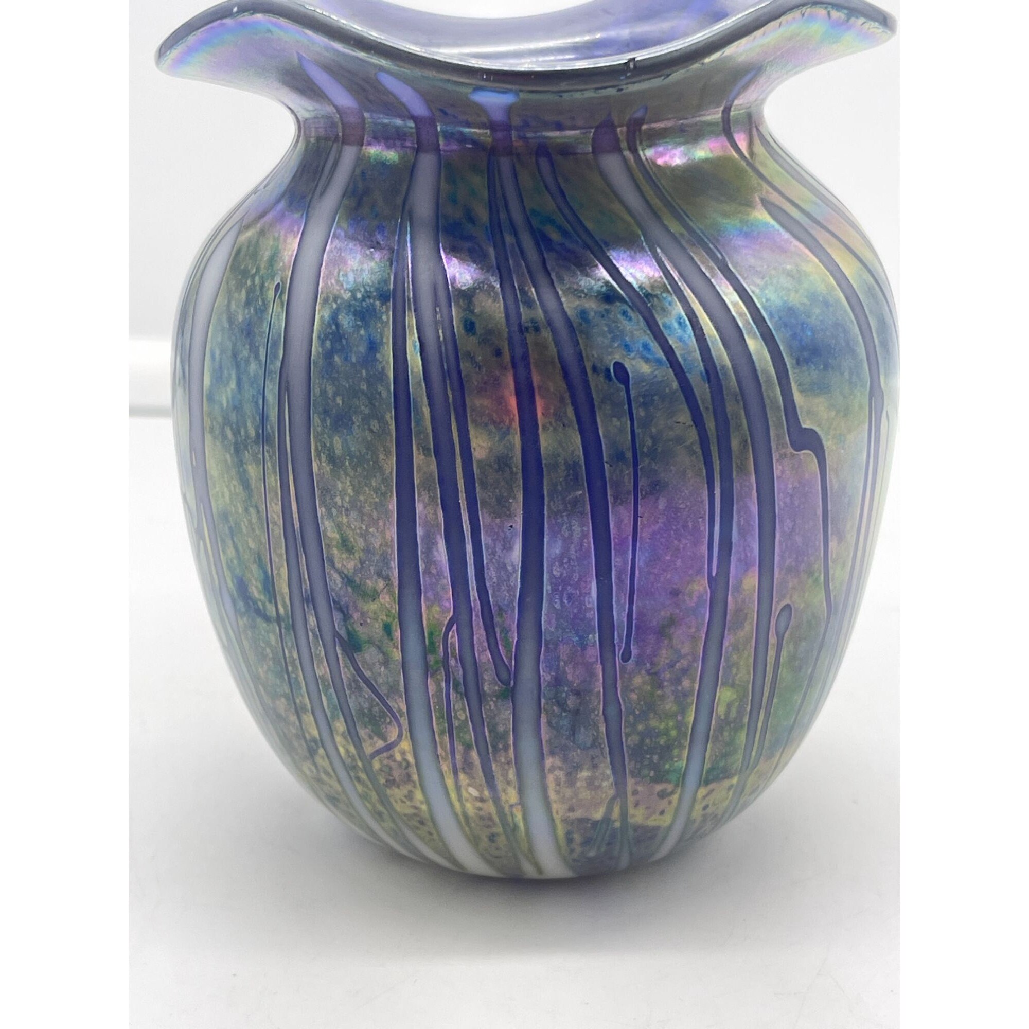 Stephen Fellerman Art Glass Iridescent Vase With Ruffle Lip Art Nouveau ...