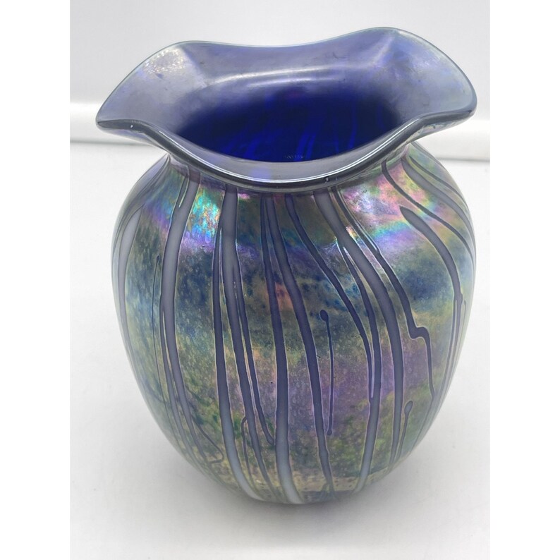 Stephen Fellerman Art Glass Iridescent Vase With Ruffle Lip Art Nouveau ...