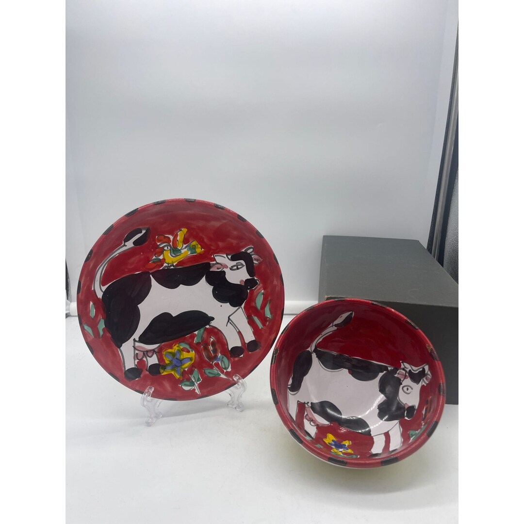 Italian Red Cow Rooster Pottery Set Plate and Bowl the Cellar - Etsy