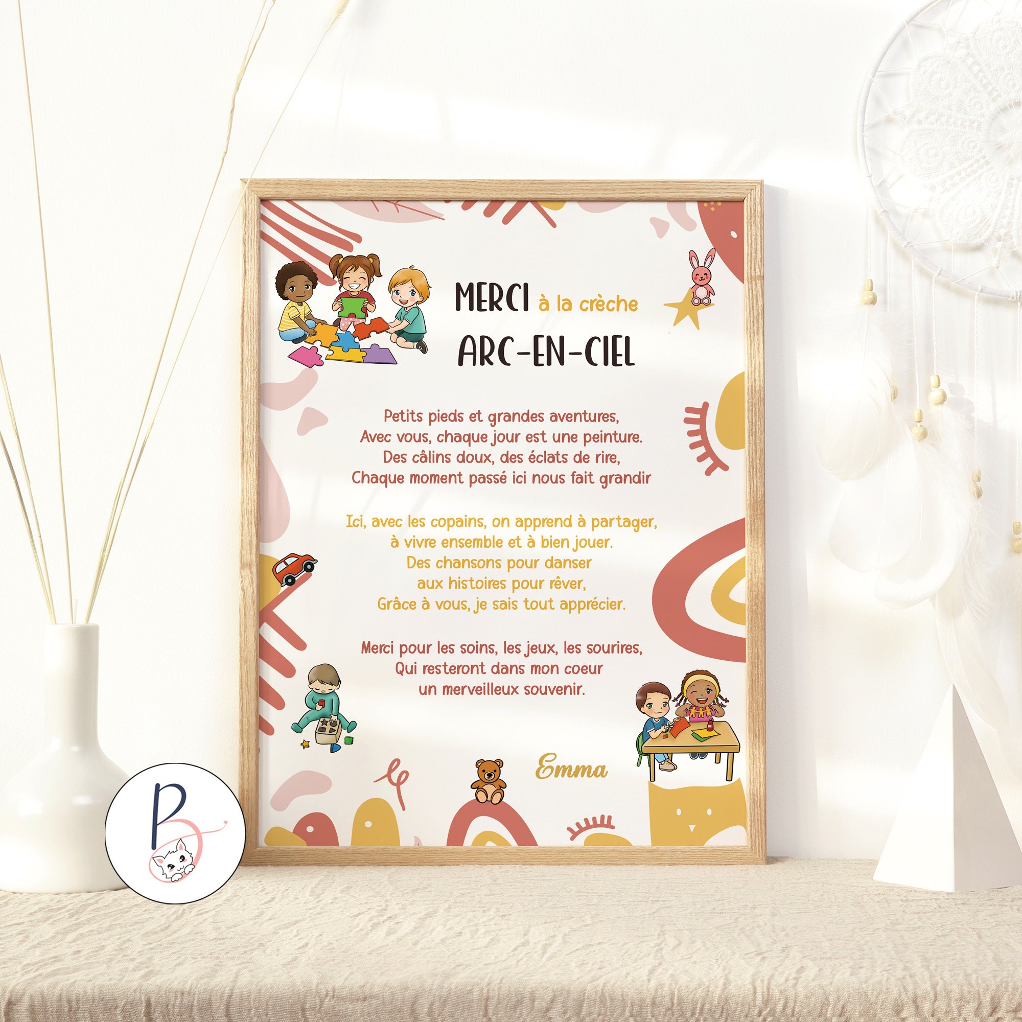 Poster Merci la Crèche Anpassbar Kindliche und farbenfrohe Illustration ...