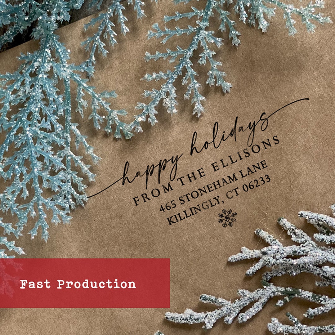 Personalized Happy Holidays Return Address Stamp, Custom Rubber Stamp ...