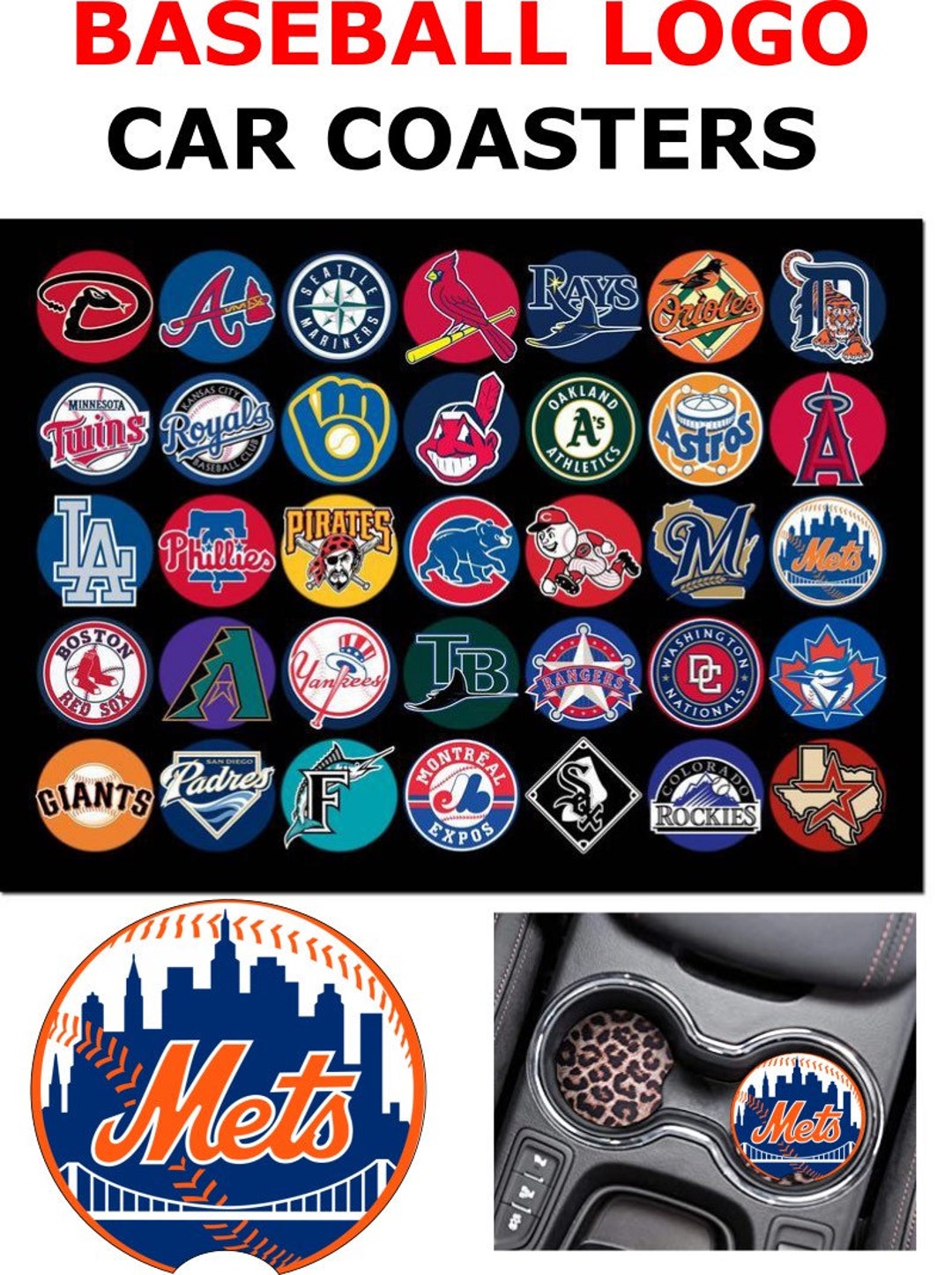 BASEBALL TEAM LOGOS Car Coasters Brand New Custom Made 2pk Neoprene or ...