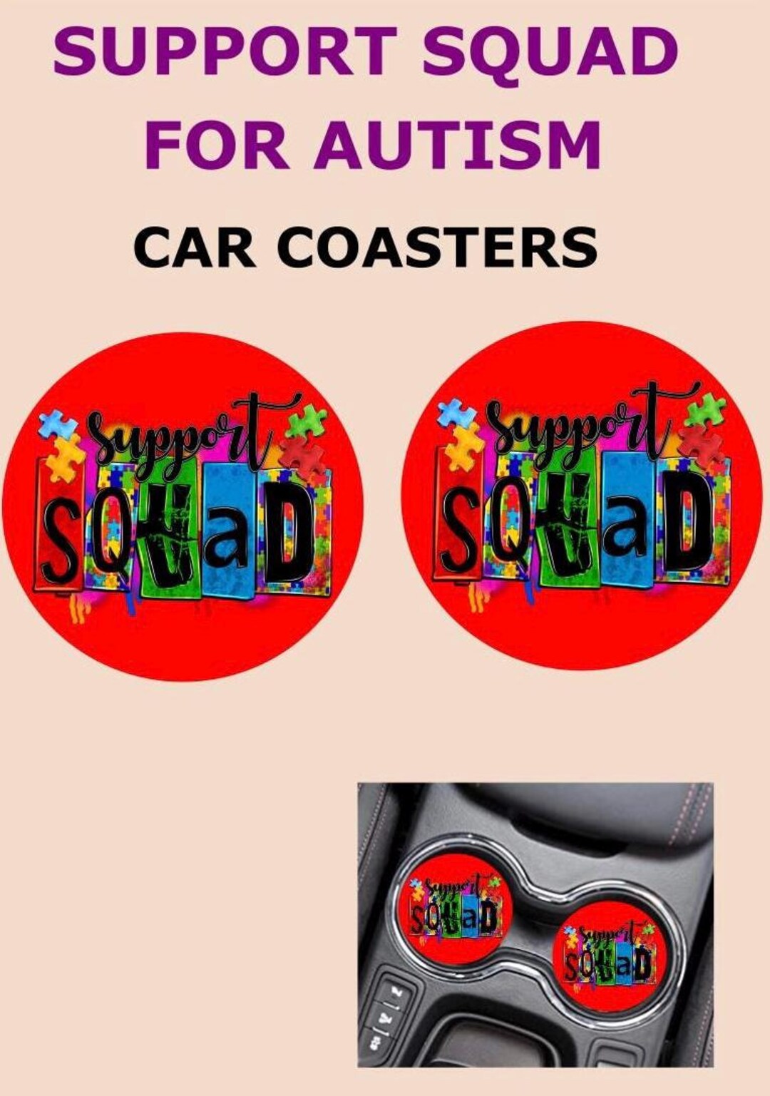 AUTISM SUPPORT SQUARD Car Coasters Brand New Custom Made 2pk - Etsy
