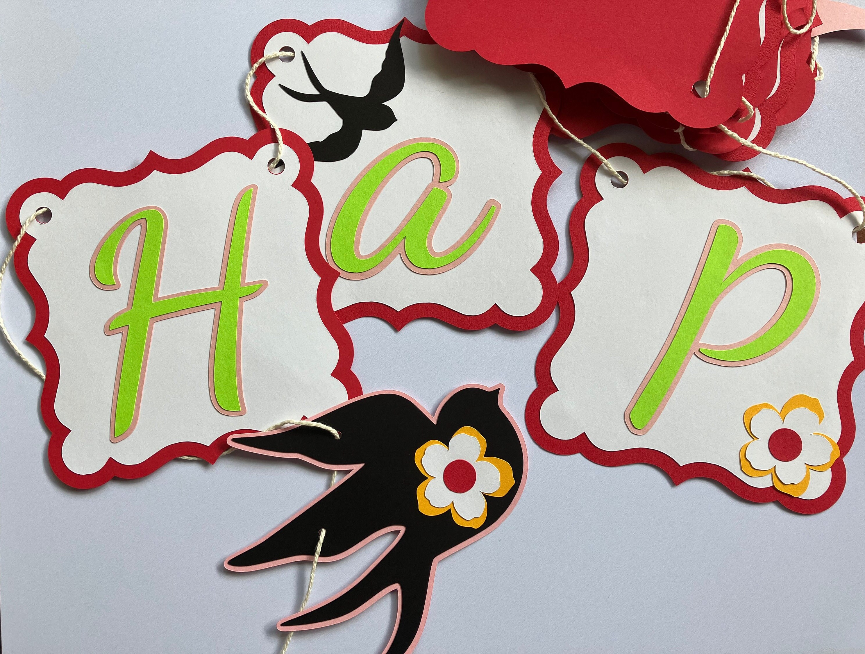 Spring Happy Birthday Banner With Swallows and Cherry Blossom. Colorful ...