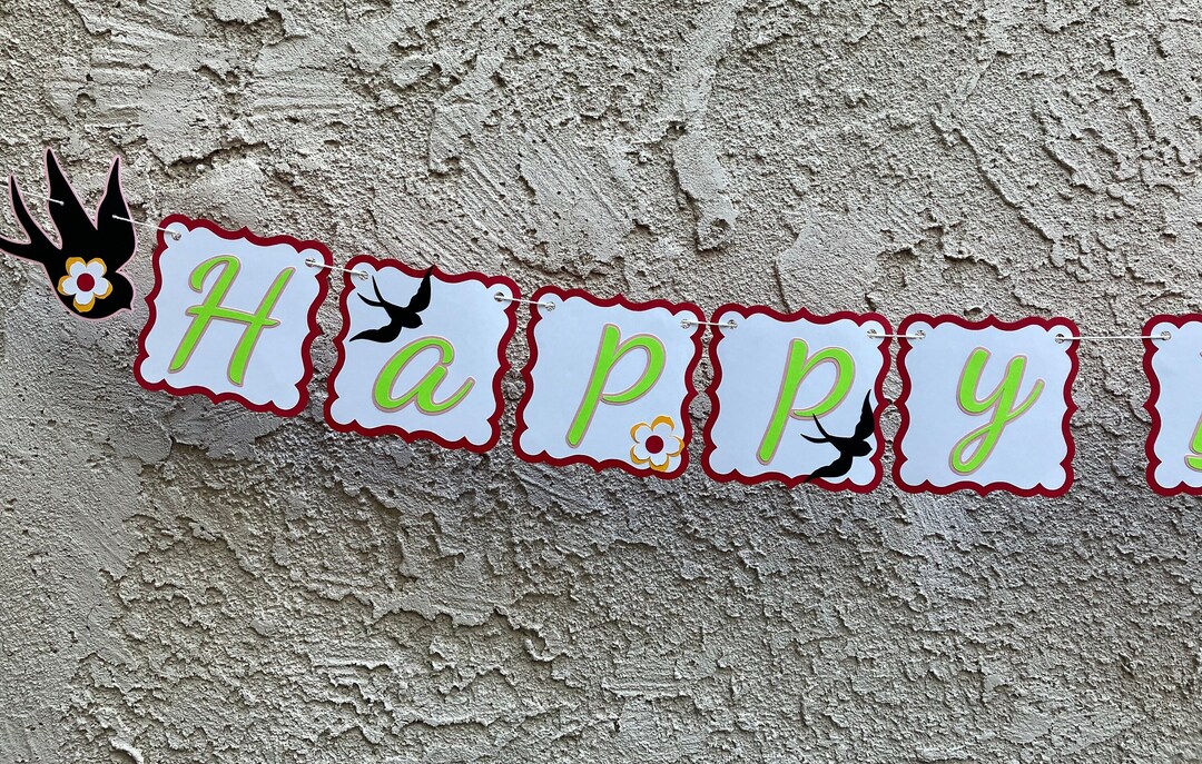 Spring Happy Birthday Banner With Swallows and Cherry Blossom. Colorful ...