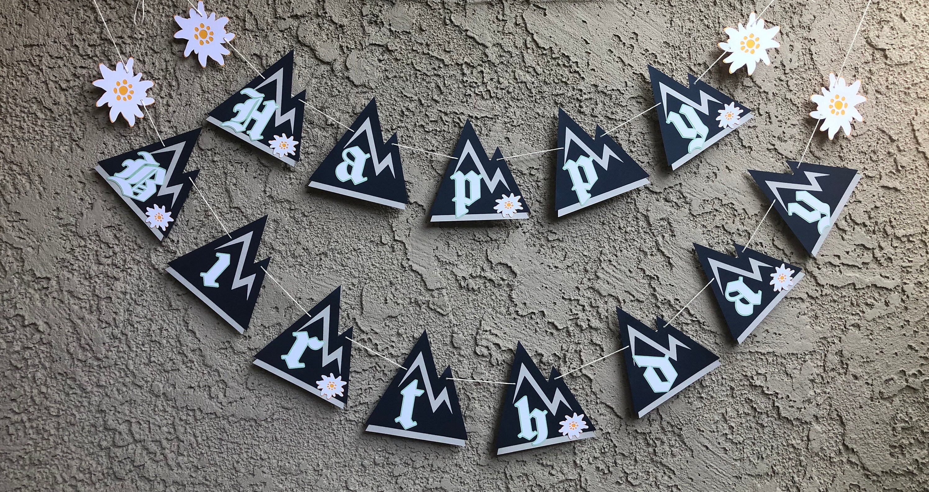 Happy Birthday Banner. Mountains and Edelweiss Birthday Banner. Navy ...