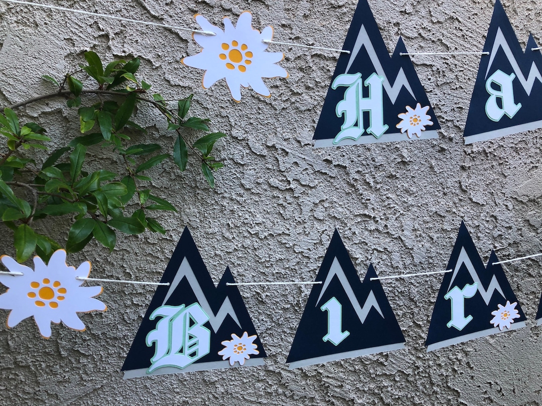 Happy Birthday Banner. Mountains and Edelweiss Birthday Banner. Navy ...
