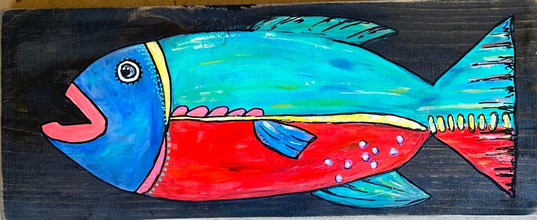 Jewel 1 of a Kind, Brilliant, Bright, Bold Painted Fish on Black ...