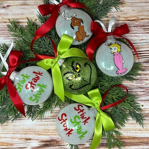Grinch Inspired Ornament Sets, Ornament Exchange Gift; Christmas Gift ...