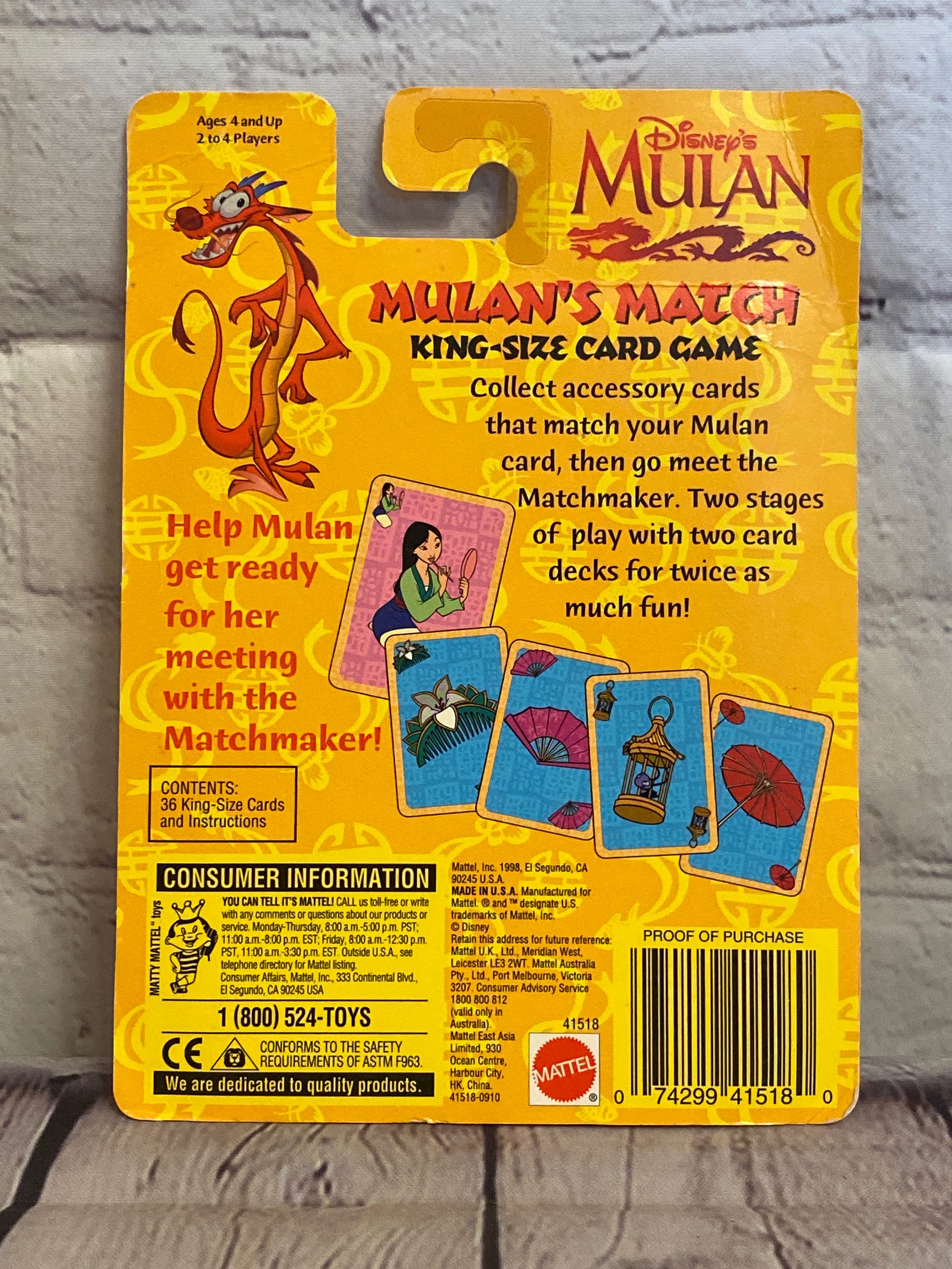 Brand New Disney's Mulan's Match Card Game by Mattel 1998 King Size ...