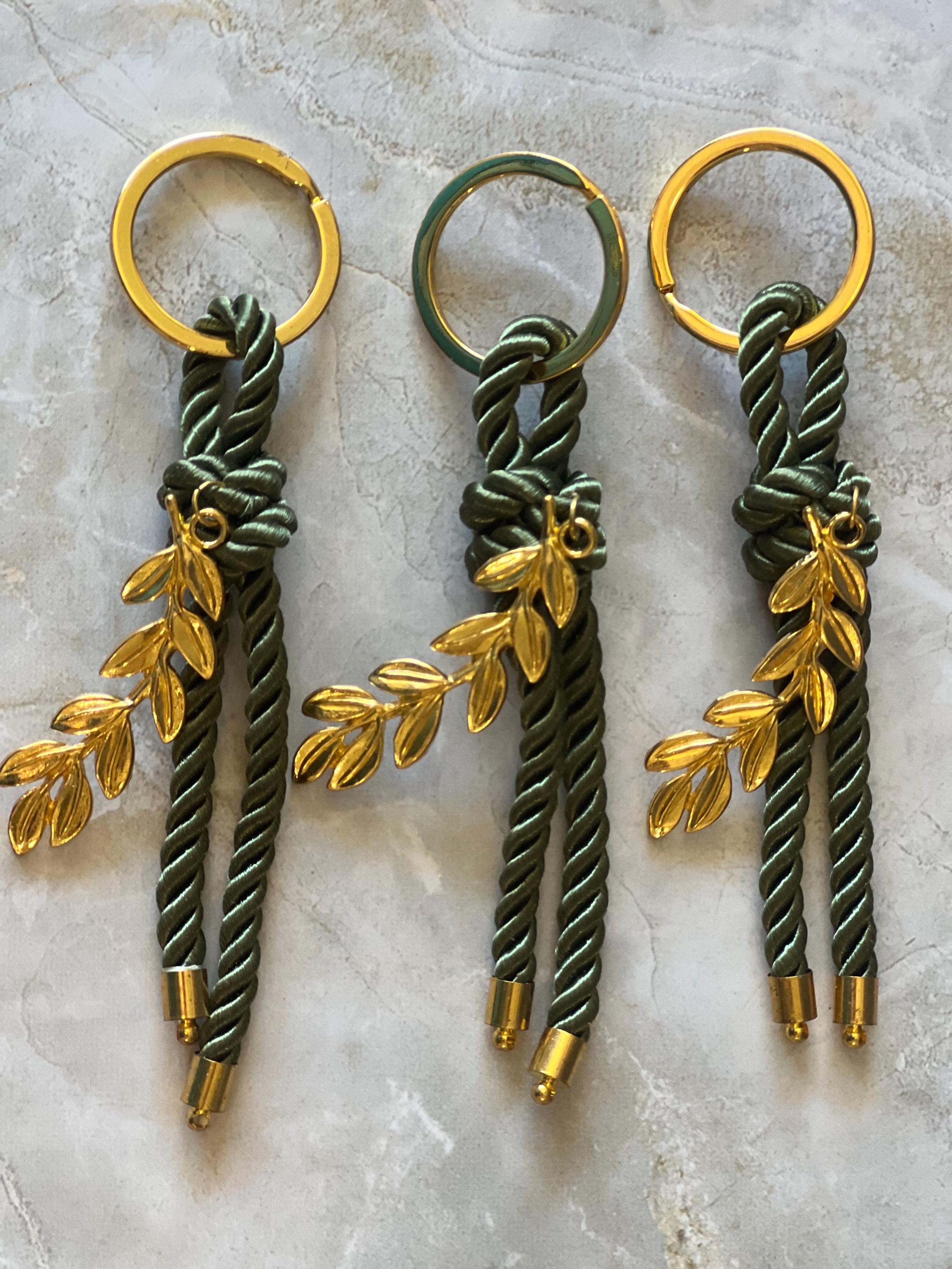 Handmade Green Twisted Cord Key Chain With Gold Olive Branch ,elegant ...