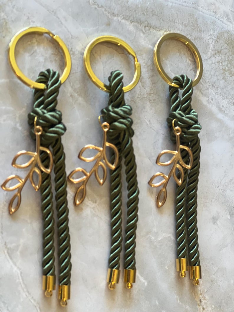 Handmade Twisted Green Cord Key Chain With Stylish Gold Olive Leaf ...