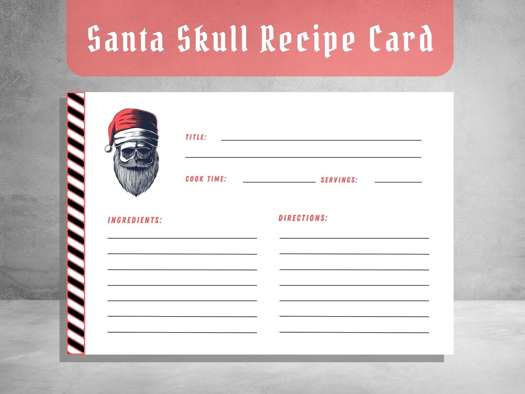 Santa Skull Recipe Printable, Holiday Card Set, 4x6, Black and Red ...