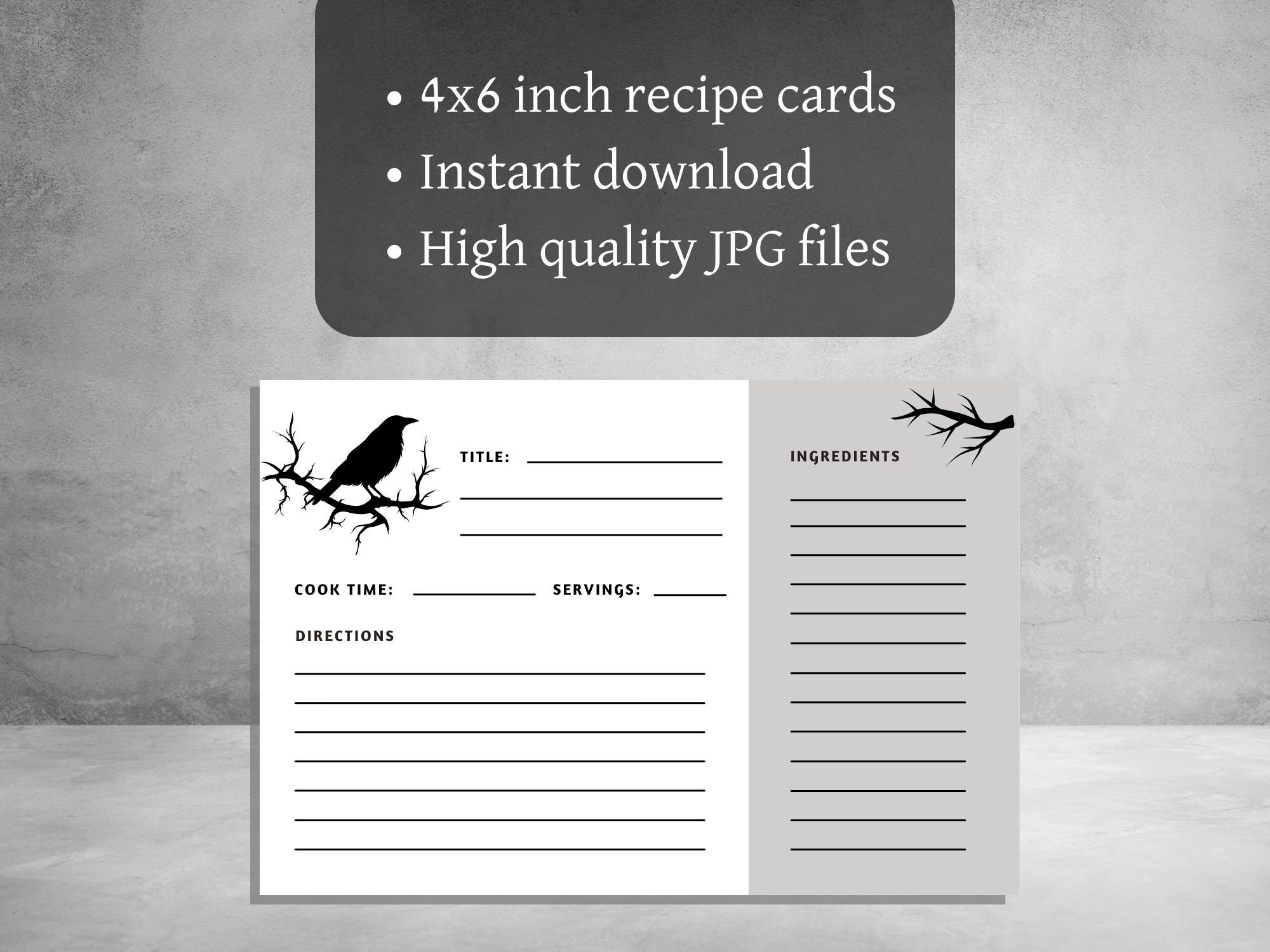Raven Printable Recipe Card 4x6 Nine Colors Gothic Spooky - Etsy