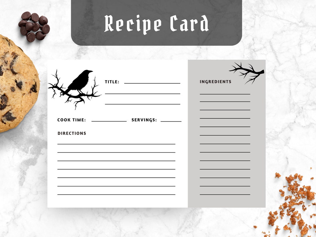 Raven Printable Recipe Card, 4x6, Nine Colors, Gothic, Spooky Kitchen ...