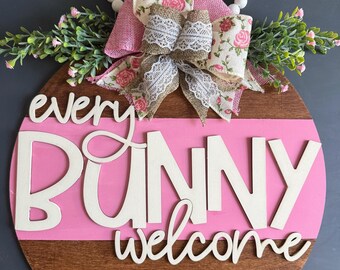 Welcome Every Bunny Wood Round Door Hanger - Etsy