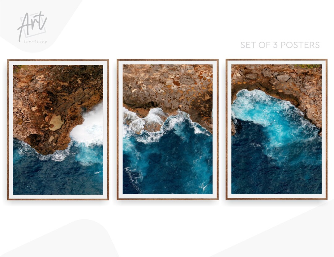 California Teal Coastal Beach Wall Art Poster Prints - Set of 3 Large ...