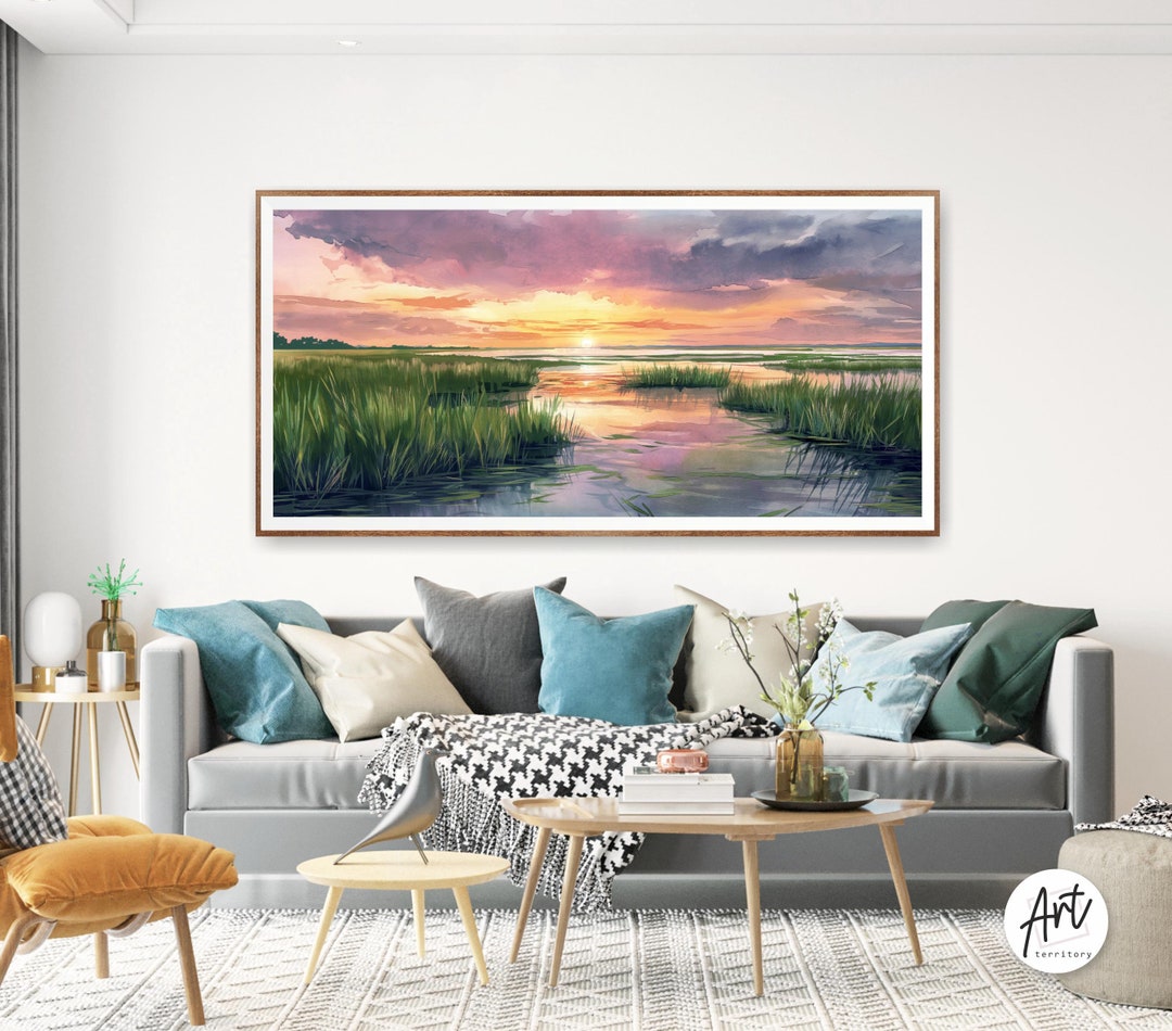 Marsh Sunset, Watercolor Marsh Painting Print, Extra Large Canvas ...