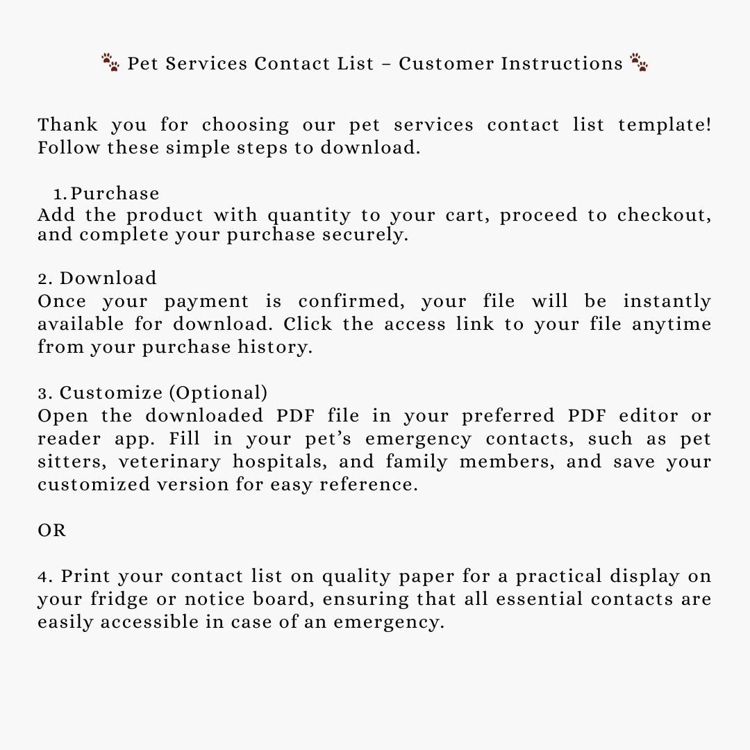Digital Download Pet Care | Printable Contact List Template for Pet ...