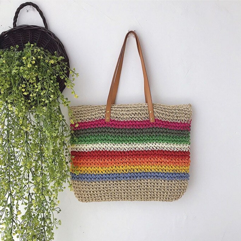 Women Rainbow Color Tote , Handmade Knitted Straw Tote,beach Summer Bag ...