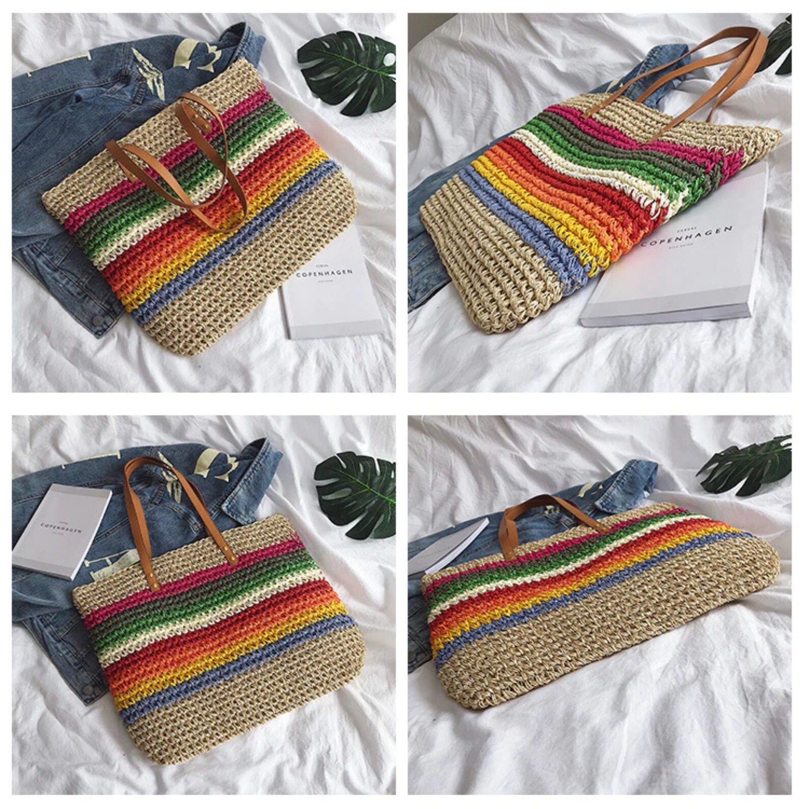 Women Rainbow Color Tote Handmade Knitted Straw Totebeach - Etsy