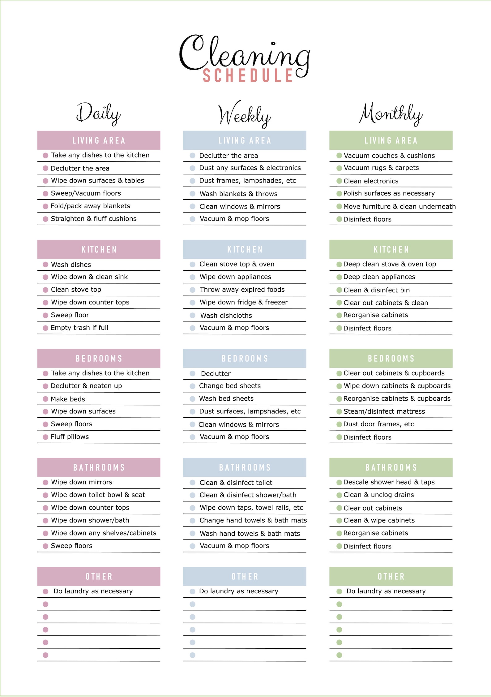 Printable Cleaning Schedule.blank & Detailed. Editable PDF. A4. A5 ...