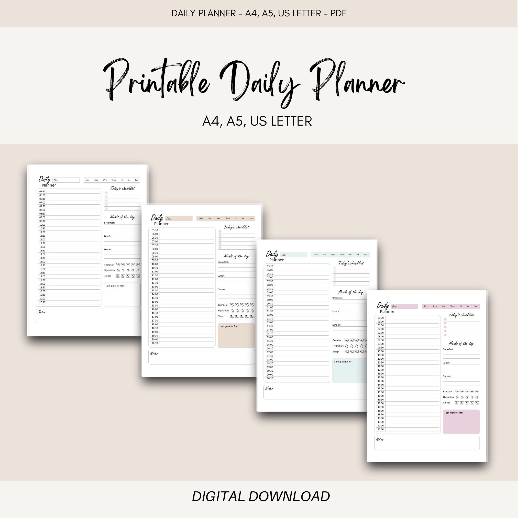 Printable Planner. Daily Planner. A4. A5. US Letter. PDF. - Etsy