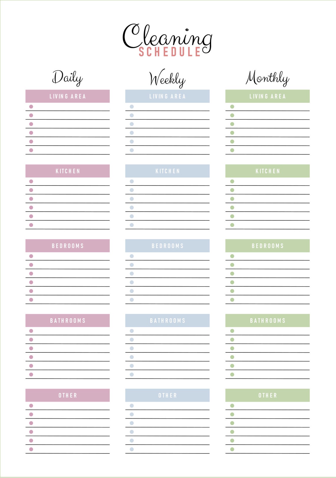 Printable Cleaning Schedule.blank & Detailed. Editable PDF. A4. A5 ...