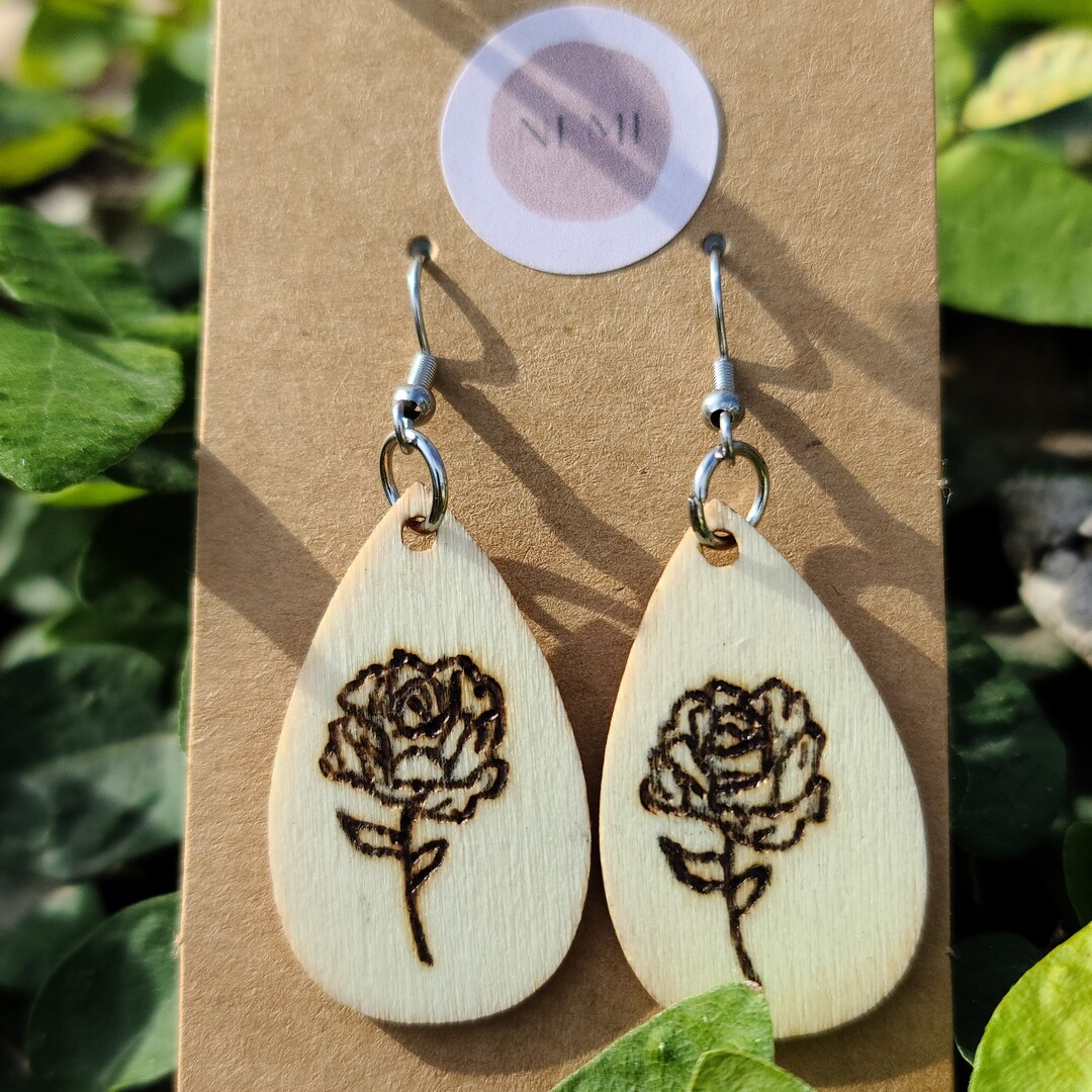 Rose Wood Burned Teardrop Earrings - Etsy