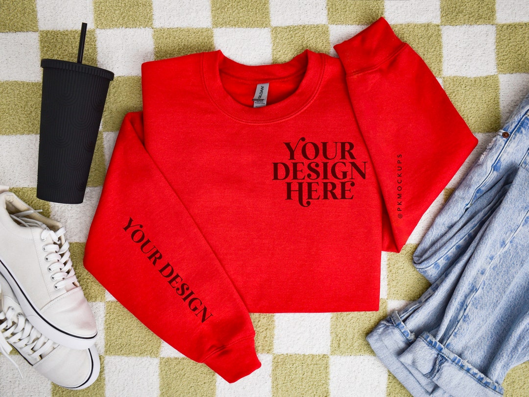 Gildan 18000 Sleeve Mockup Red, G180 Flatlay Sleeve Design Sweatshirt ...