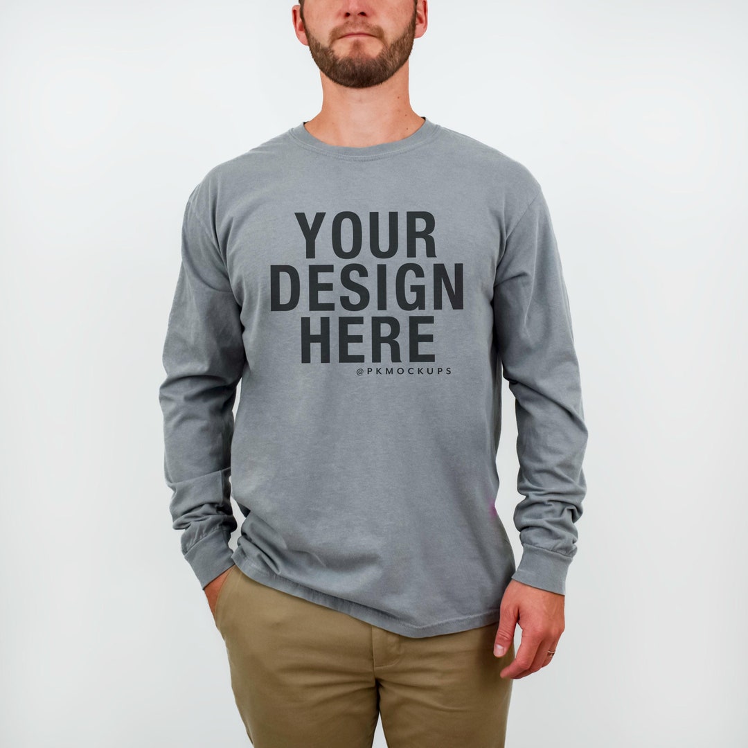 Mens Comfort Colors 6014 Grey Mock up C6014 Long Sleeve Tshirt Male ...