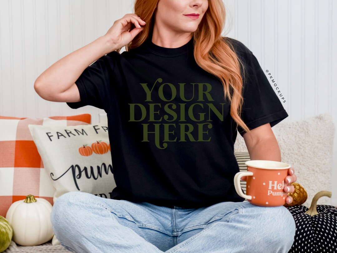 Fall Comfort Colors 1717 Mockup, Black C1717 Autumn Mock Up, Boho Model ...